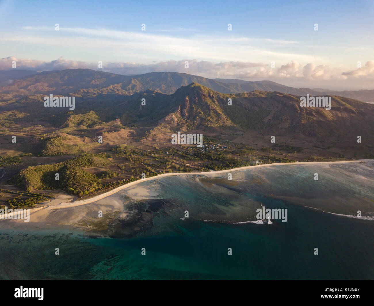 Indonesia, West Sumbawa, Aerial view of Jelengah beach, Scar reef surf ...