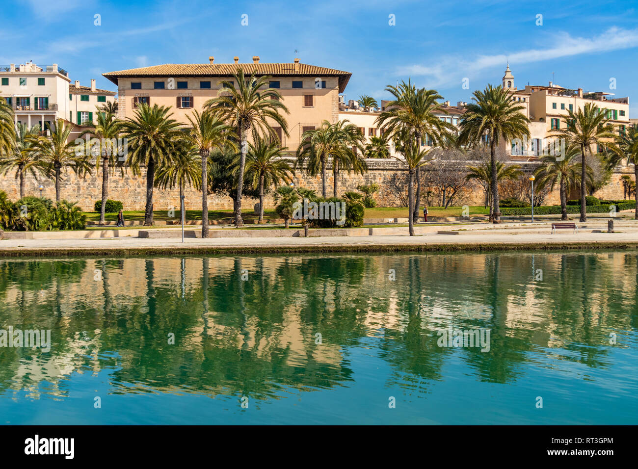 Historic mediterranean buildings beside Parc de la Mar in old town of ...