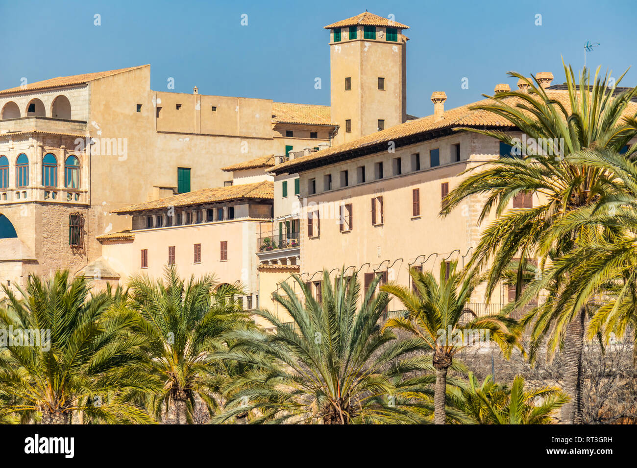 Historic mediterranean buildings beside Parc de la Mar in old town of ...