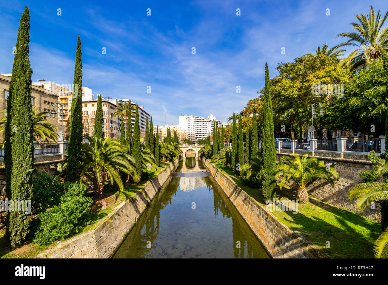 Canal Torrent de Sa Riera in street Passeig de mallorca in town centre ...