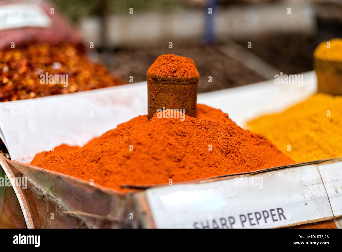 Georgia, Tbilisi, The central city market. Traps with different spices ...