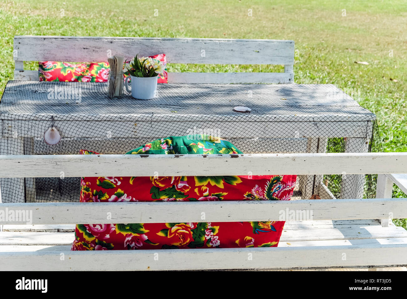 Image of Empty table in the house's garden Stock Photo - Alamy