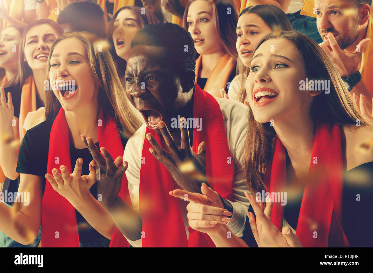 Group of happy fans are cheering for their team victory Stock Photo - Alamy