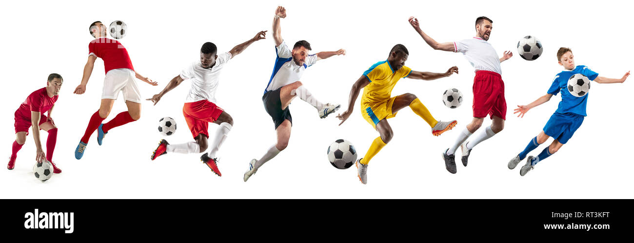 Professional football soccer players with ball isolated on white studio ...