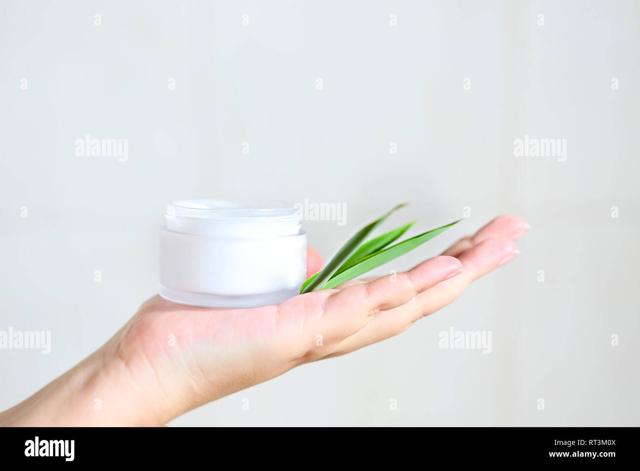 Woman holding cream with green bamboo leaves in her hand over light ...