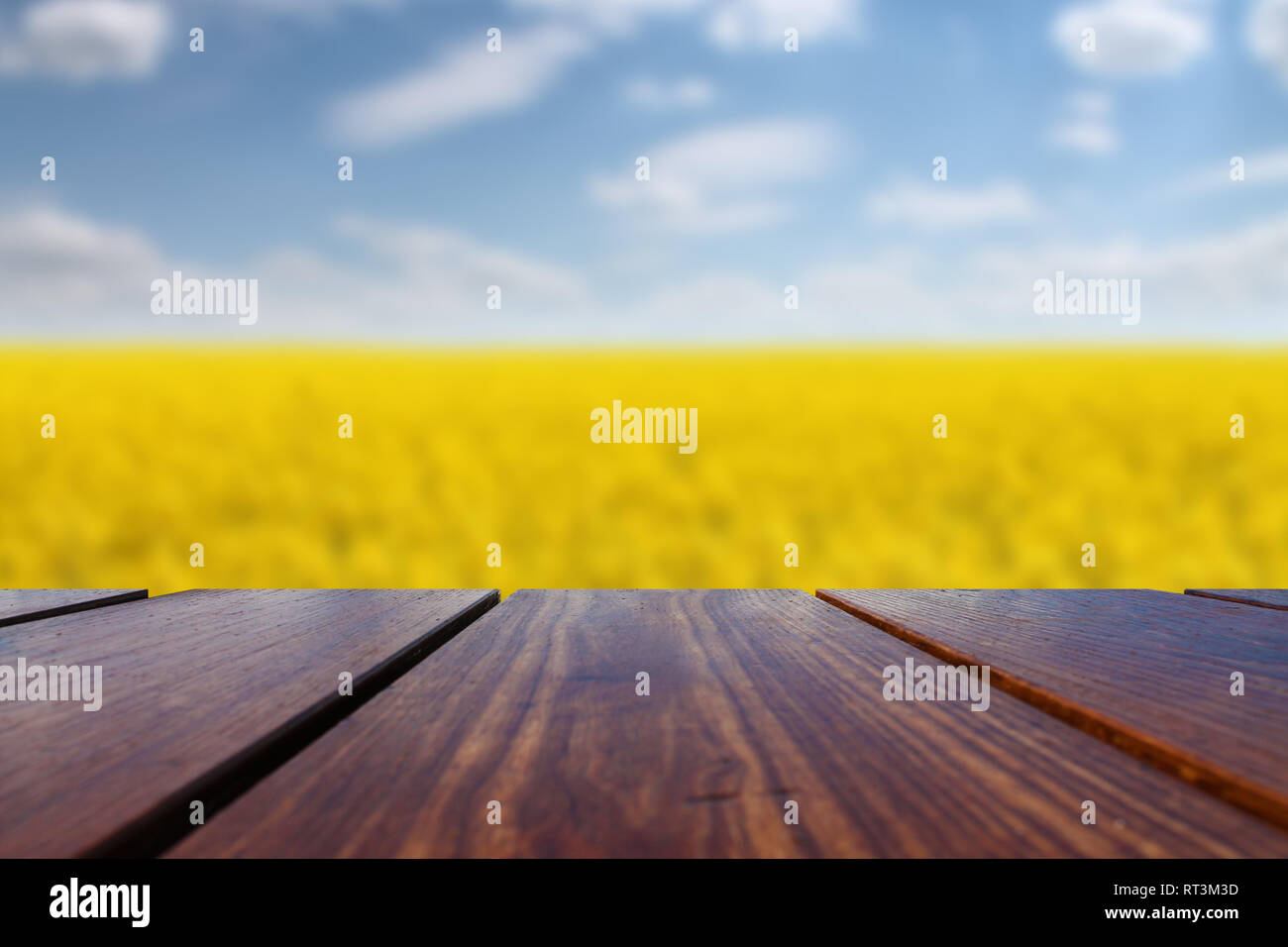 Wood Table Top and spring canola field Background Stock Photo - Alamy