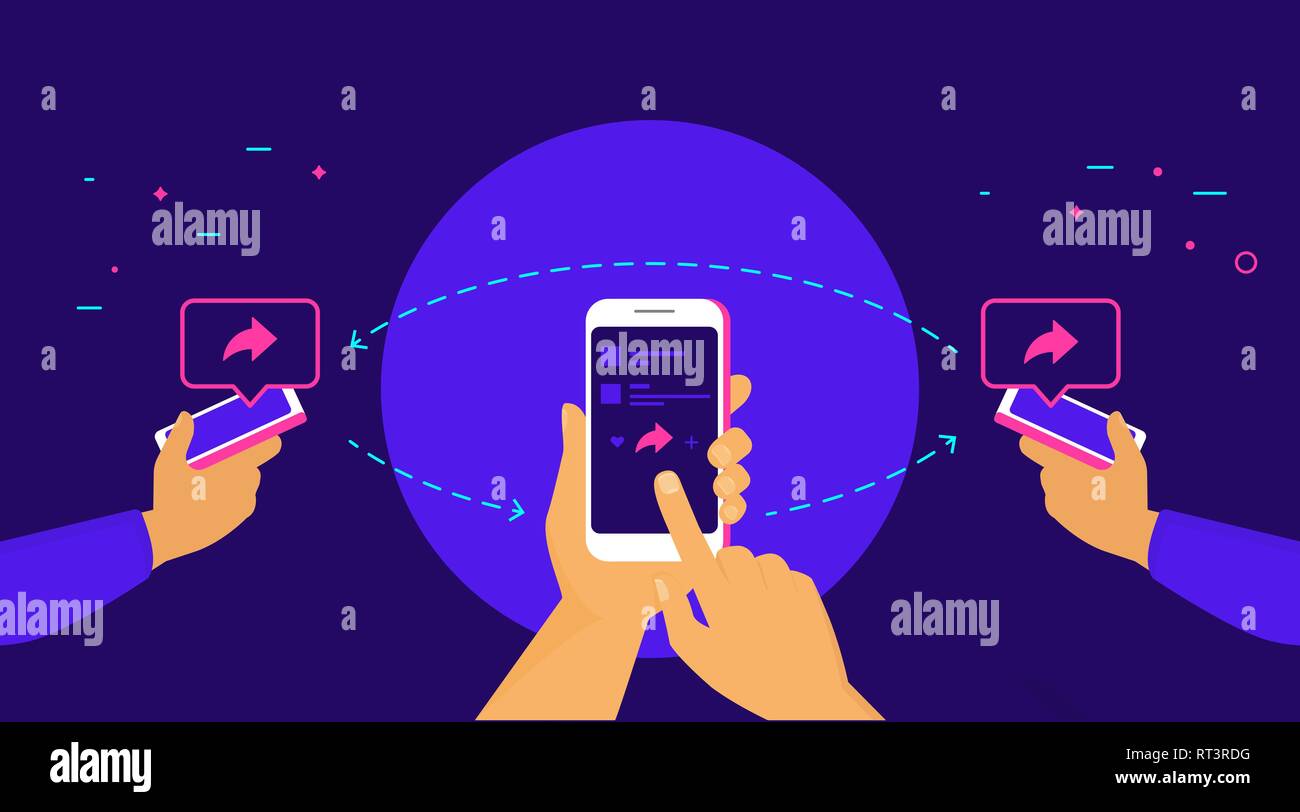 Repost and share concept flat vector illustration of human hands hold ...