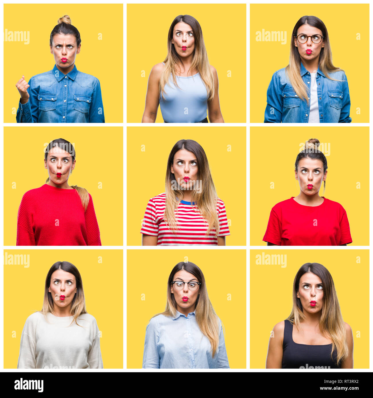 Collage of young beautiful woman over yellow isolated background making ...