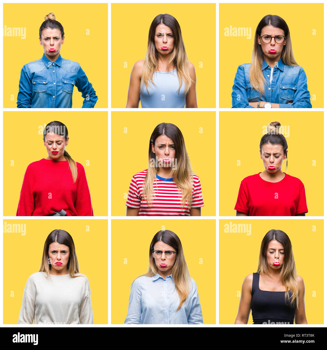 Collage of young beautiful woman over yellow isolated background ...