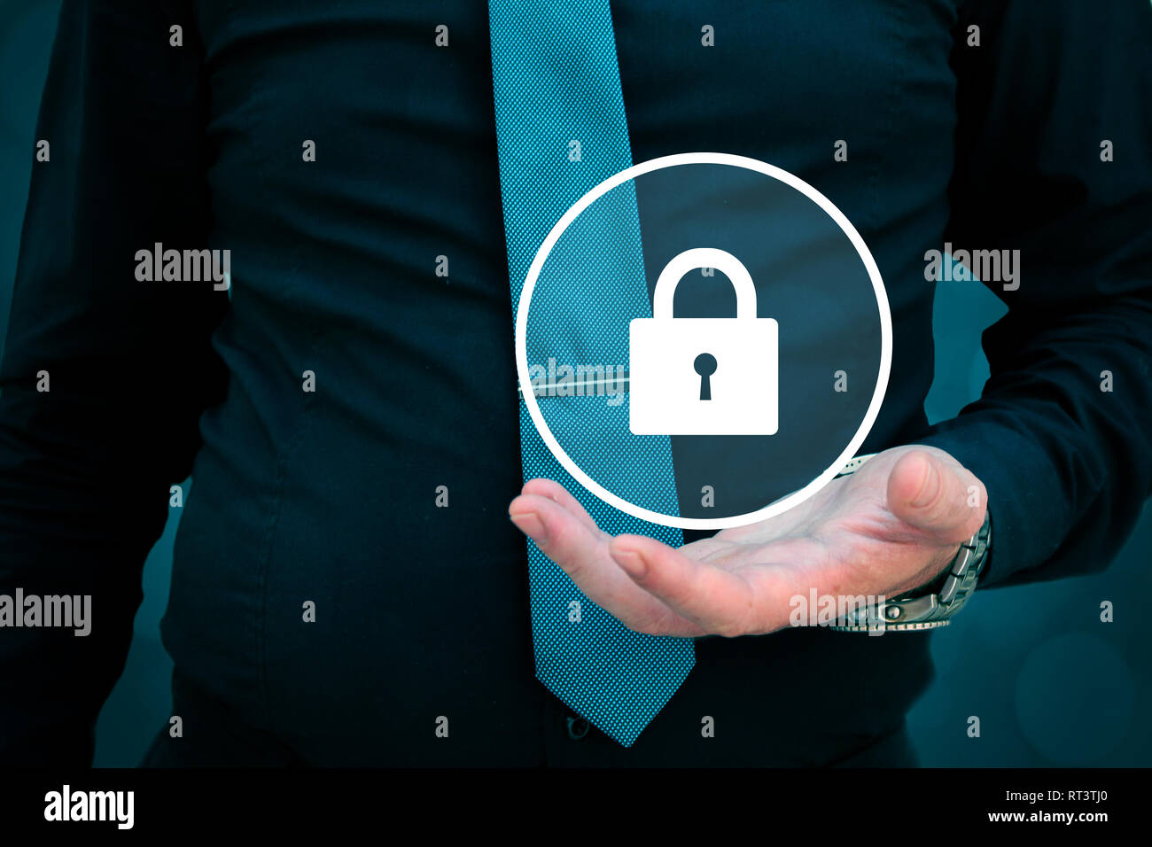 security concept, businessman holding lock in his hand Stock Photo - Alamy