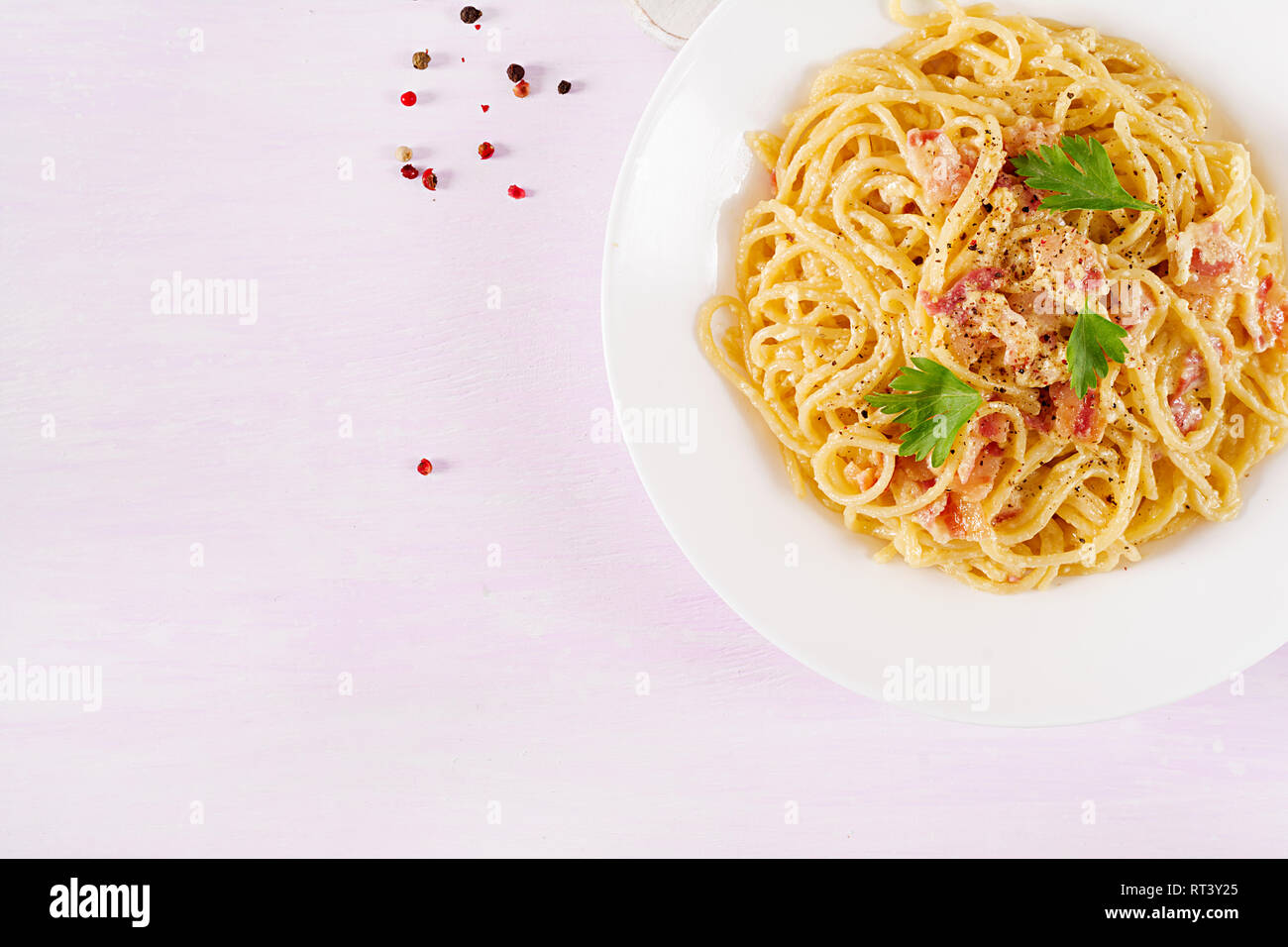Classic homemade carbonara pasta with pancetta, egg, hard parmesan ...