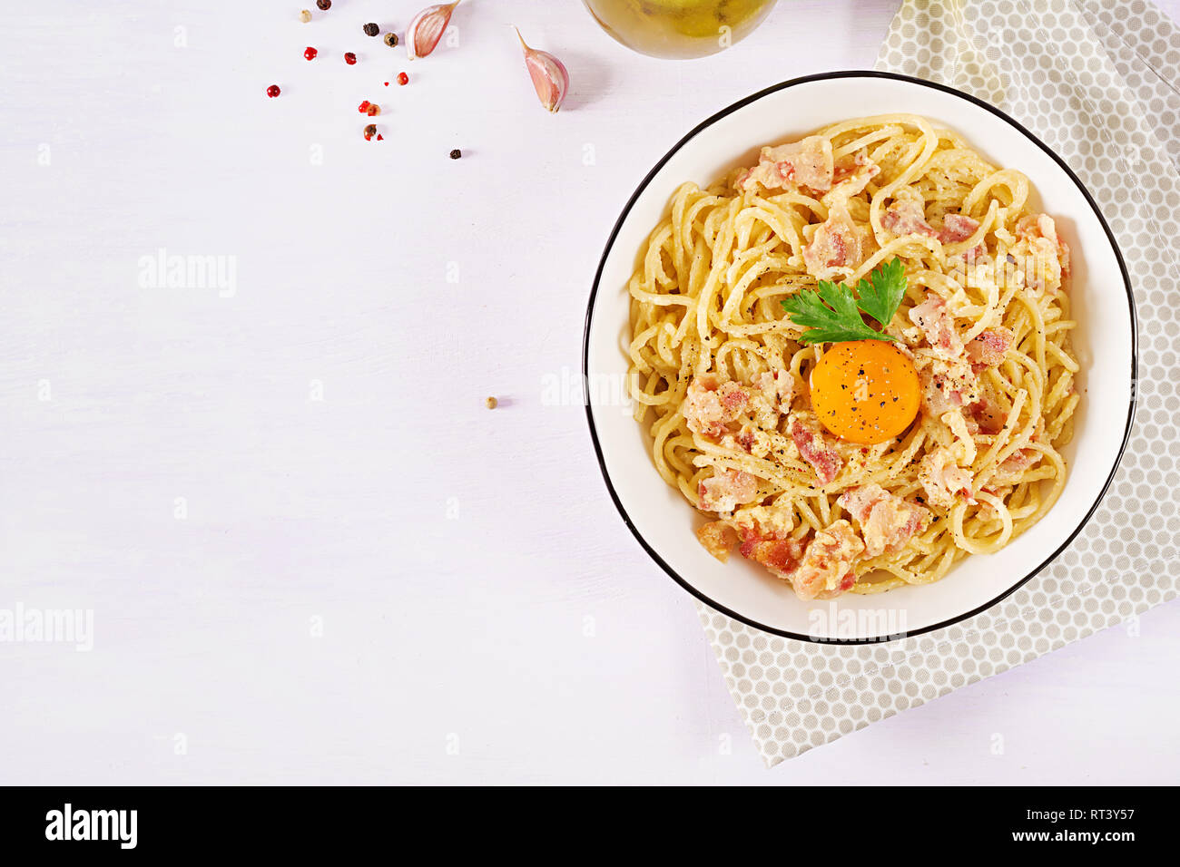 Classic homemade carbonara pasta with pancetta, egg, hard parmesan ...