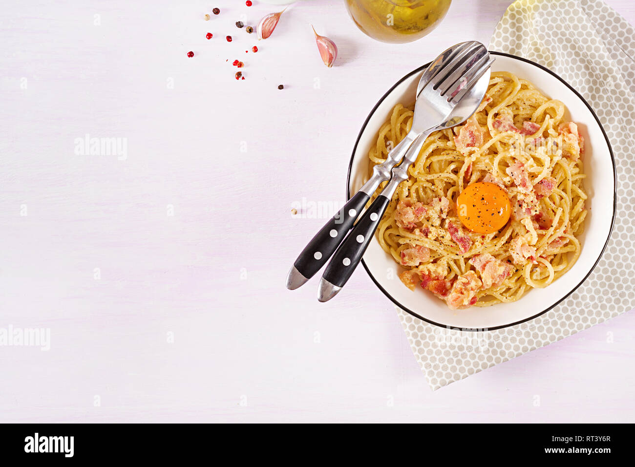 Classic homemade carbonara pasta with pancetta, egg, hard parmesan ...