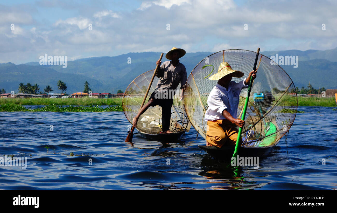 Inle Lake in Myanmar, floating village and one leg rower Stock Photo ...