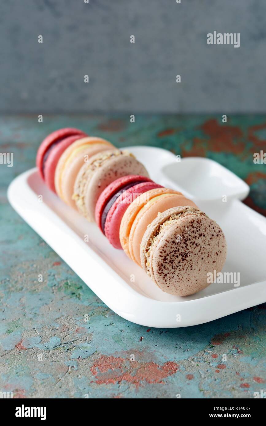 French assorted macarons cakes on a rectangular dish on a gray ...