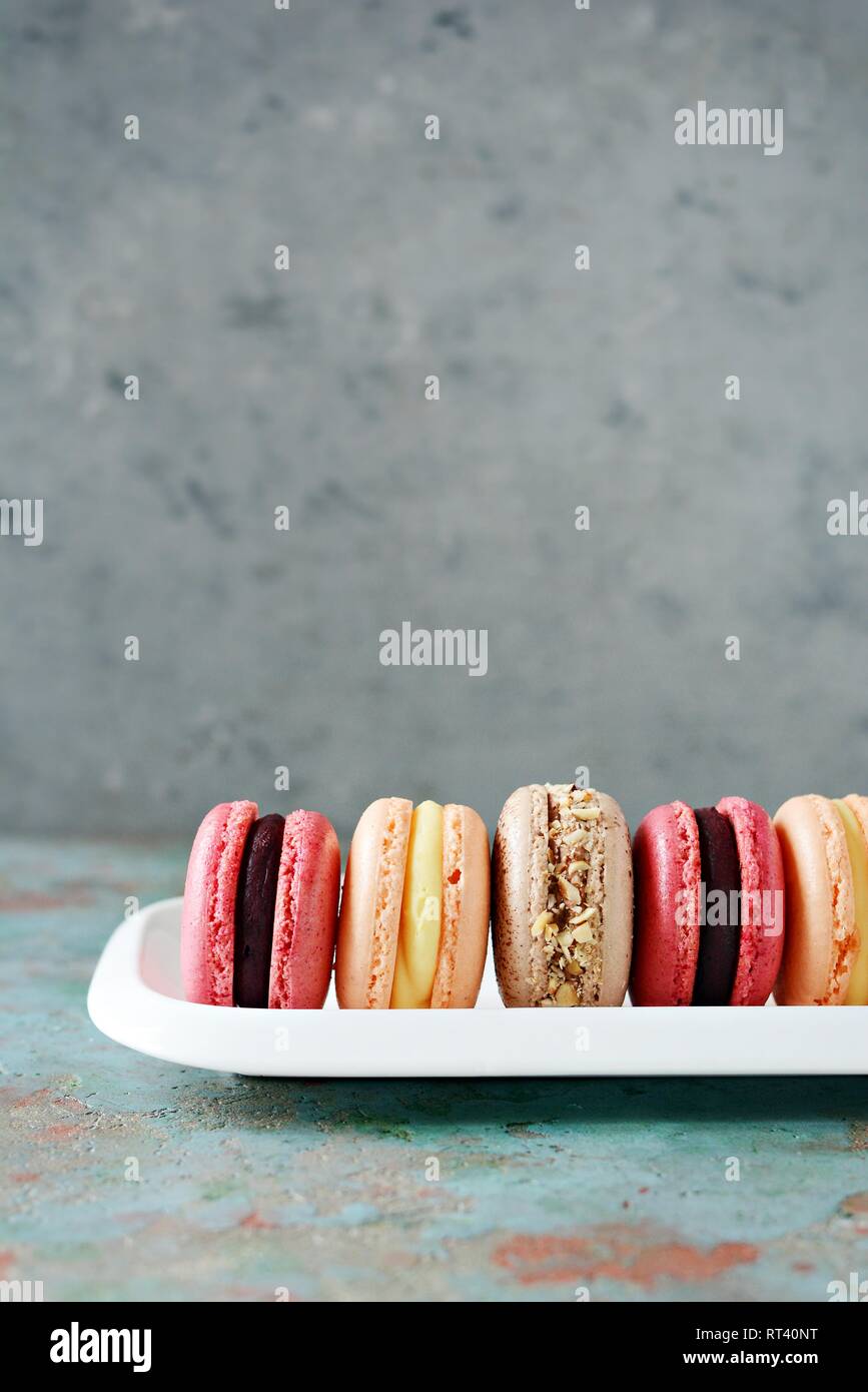 French assorted macarons cakes on a rectangular dish on a gray ...