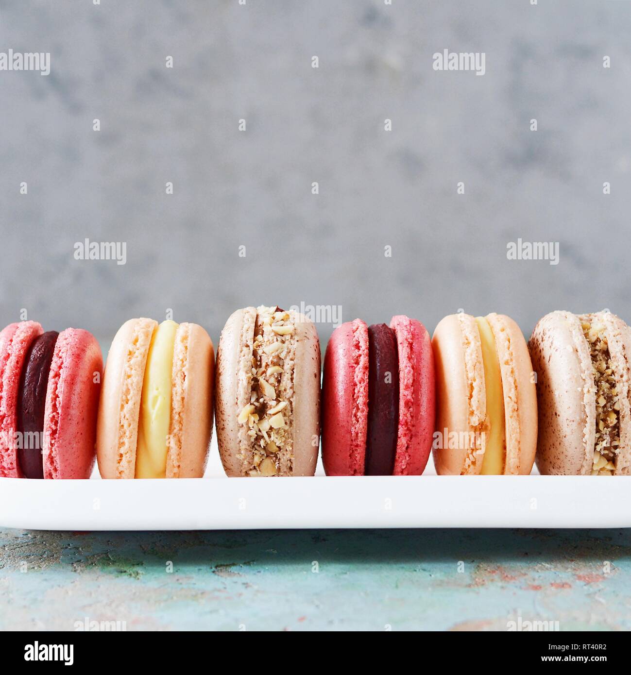 French assorted macarons cakes on a rectangular dish on a gray ...