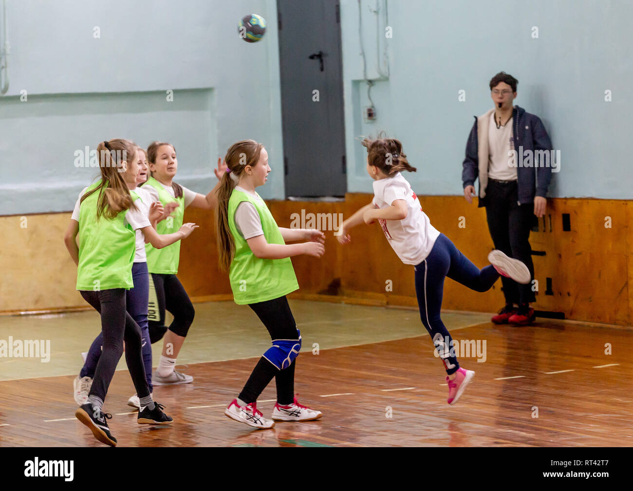 Russia, Vladivostok, 02/26/2019. Kids play handball indoor. Sports and ...