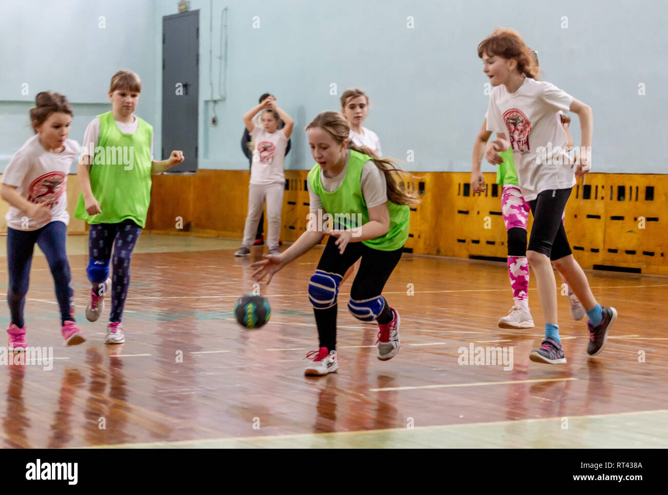 Russia, Vladivostok, 02/26/2019. Kids play handball indoor. Sports and ...