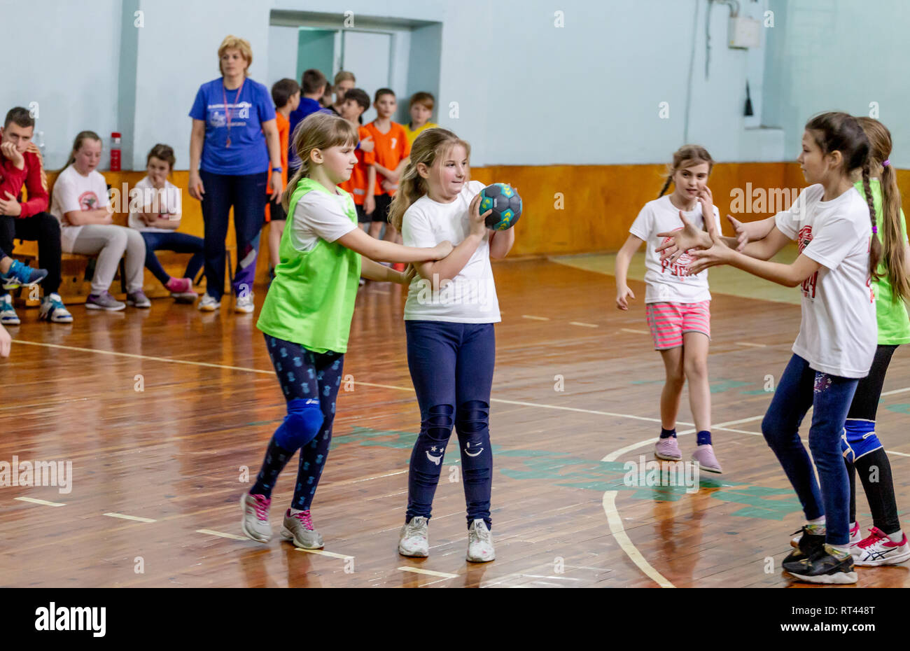 Russia, Vladivostok, 02/26/2019. Kids play handball indoor. Sports and ...