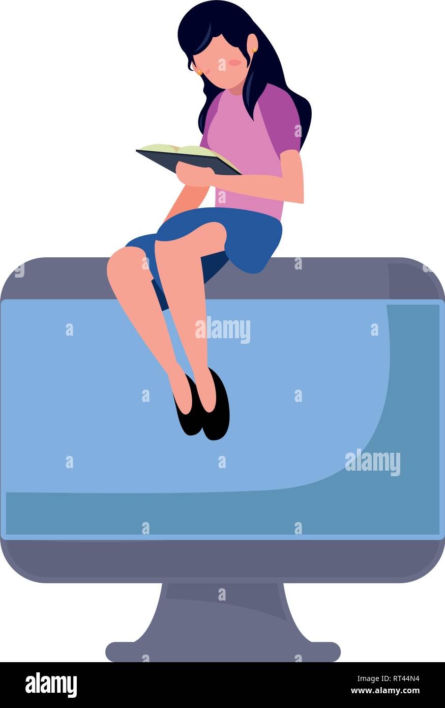 woman reading book on monitor vector illustration design Stock Vector ...