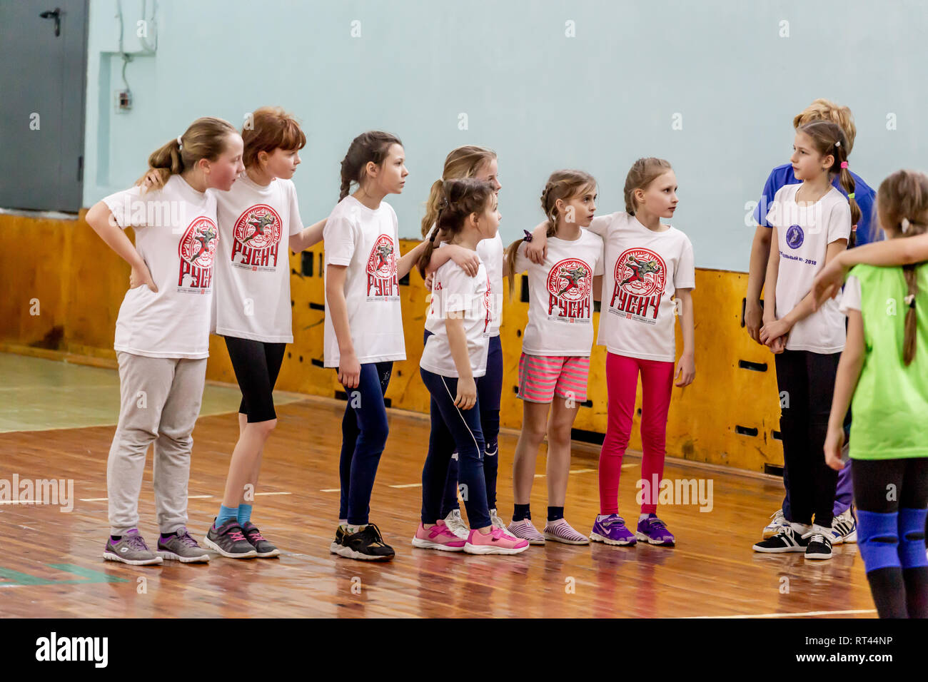 Russia, Vladivostok, 02/26/2019. Kids play handball indoor. Sports and ...
