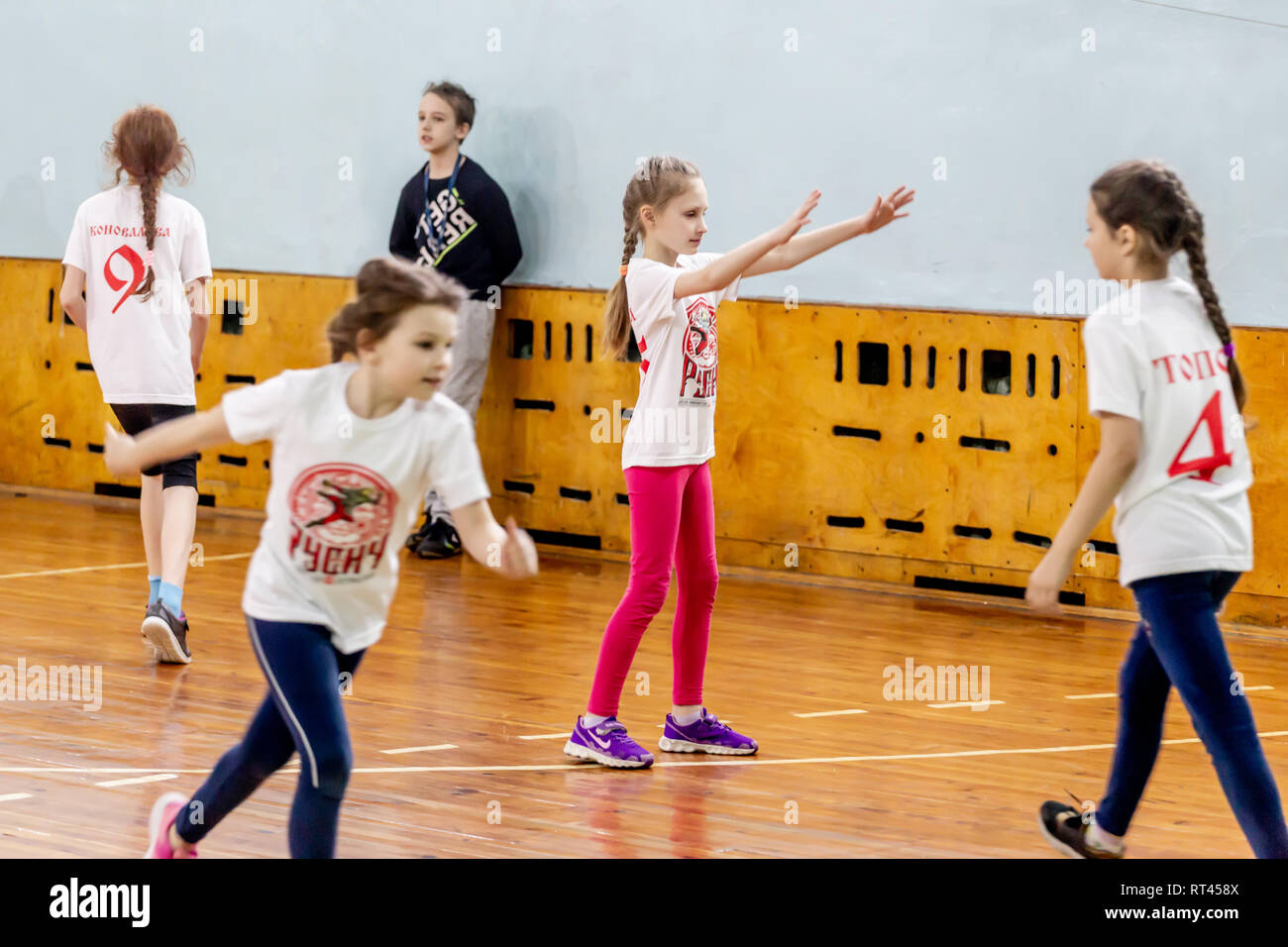 Russia, Vladivostok, 02/26/2019. Kids play handball indoor. Sports and ...