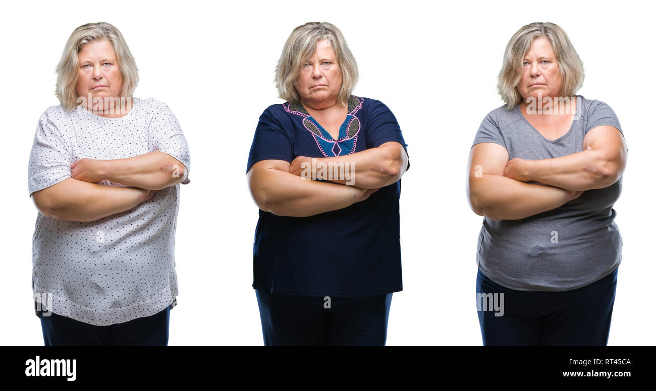 Collage of senior fat woman over isolated background skeptic and ...