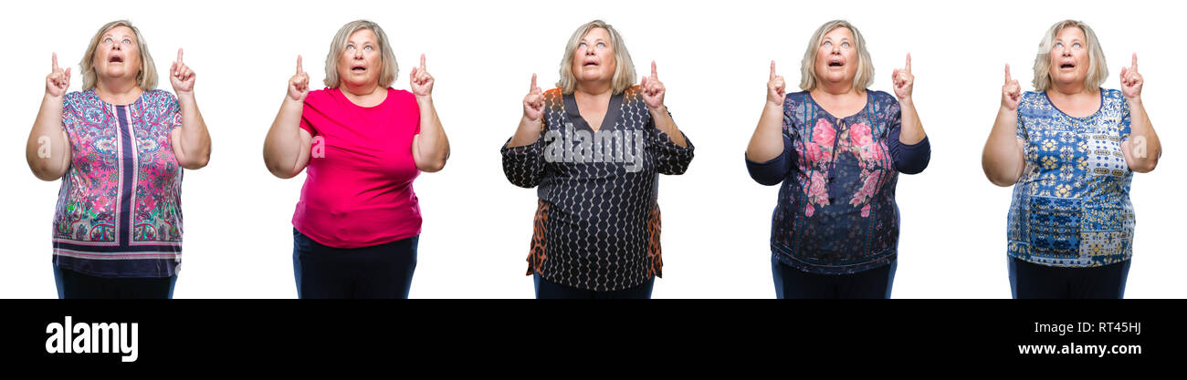 Collage of senior fat woman over isolated background amazed and ...