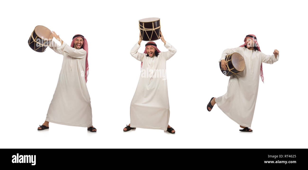 Arab man playing drum isolated on white Stock Photo - Alamy
