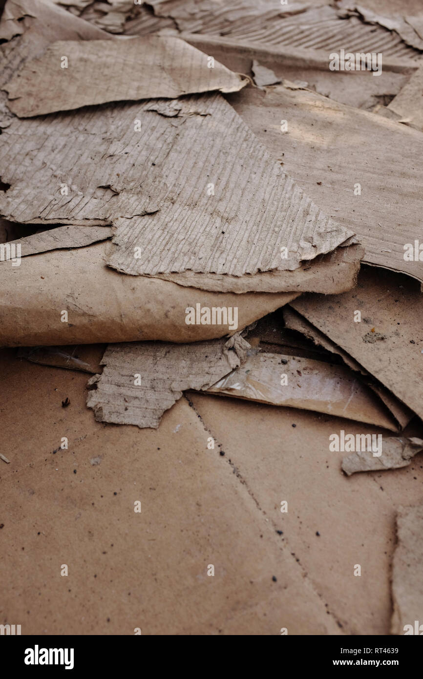 Torn brown corrugated cardboard discarded outdoors and covered in dirt ...