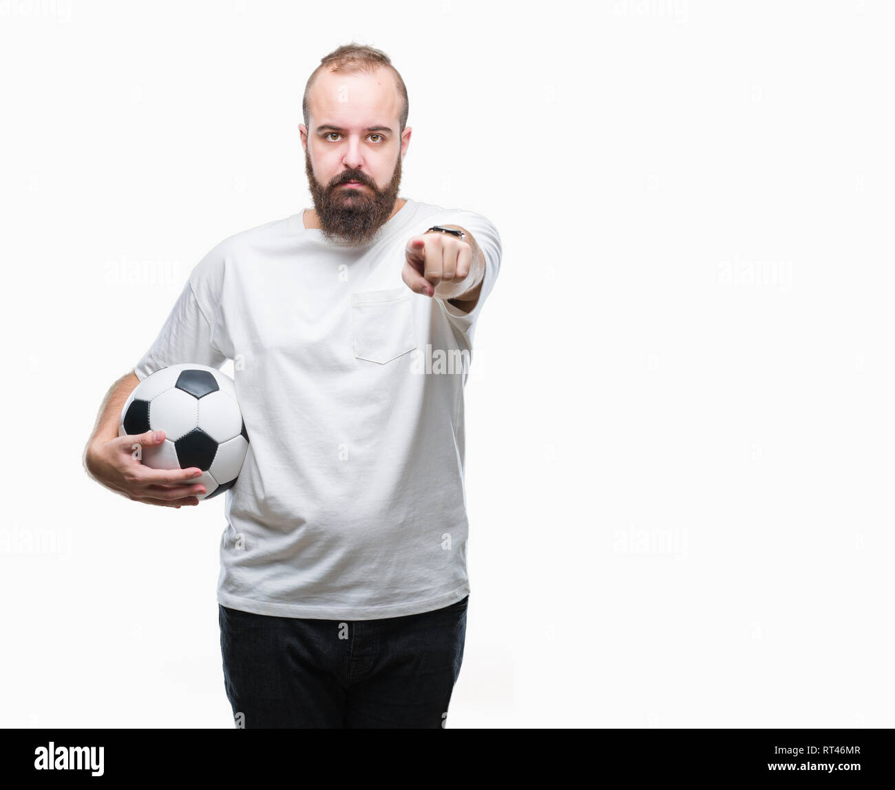 Young caucasian hipster man holding soccer football ball over isolated ...
