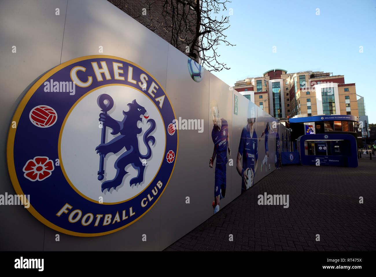 Chelsea branding and player murals outside the ground before the ...