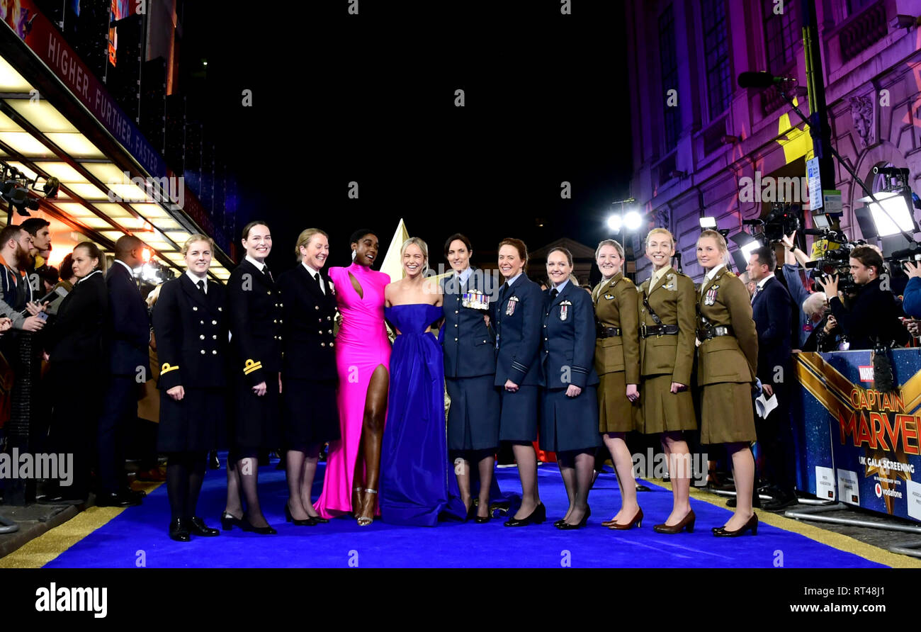 Brie Larson (fifth left), Lashana Lynch and women from the UK Armed ...