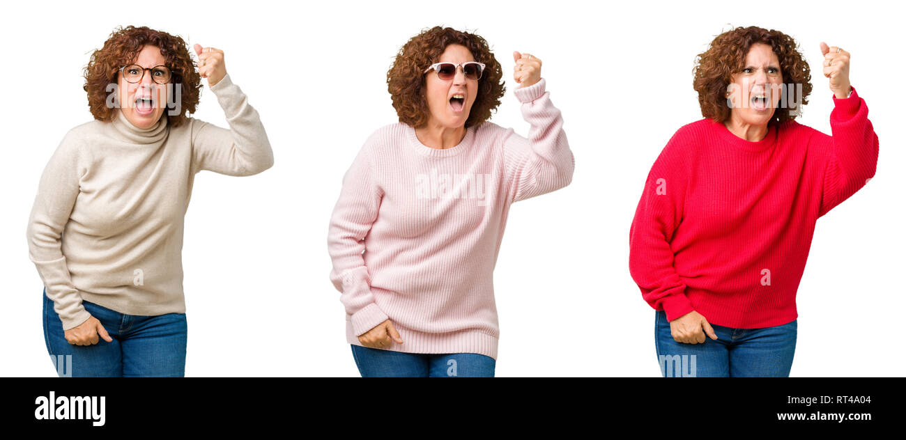 Collage of middle age senior woman wearing winter sweater over white ...