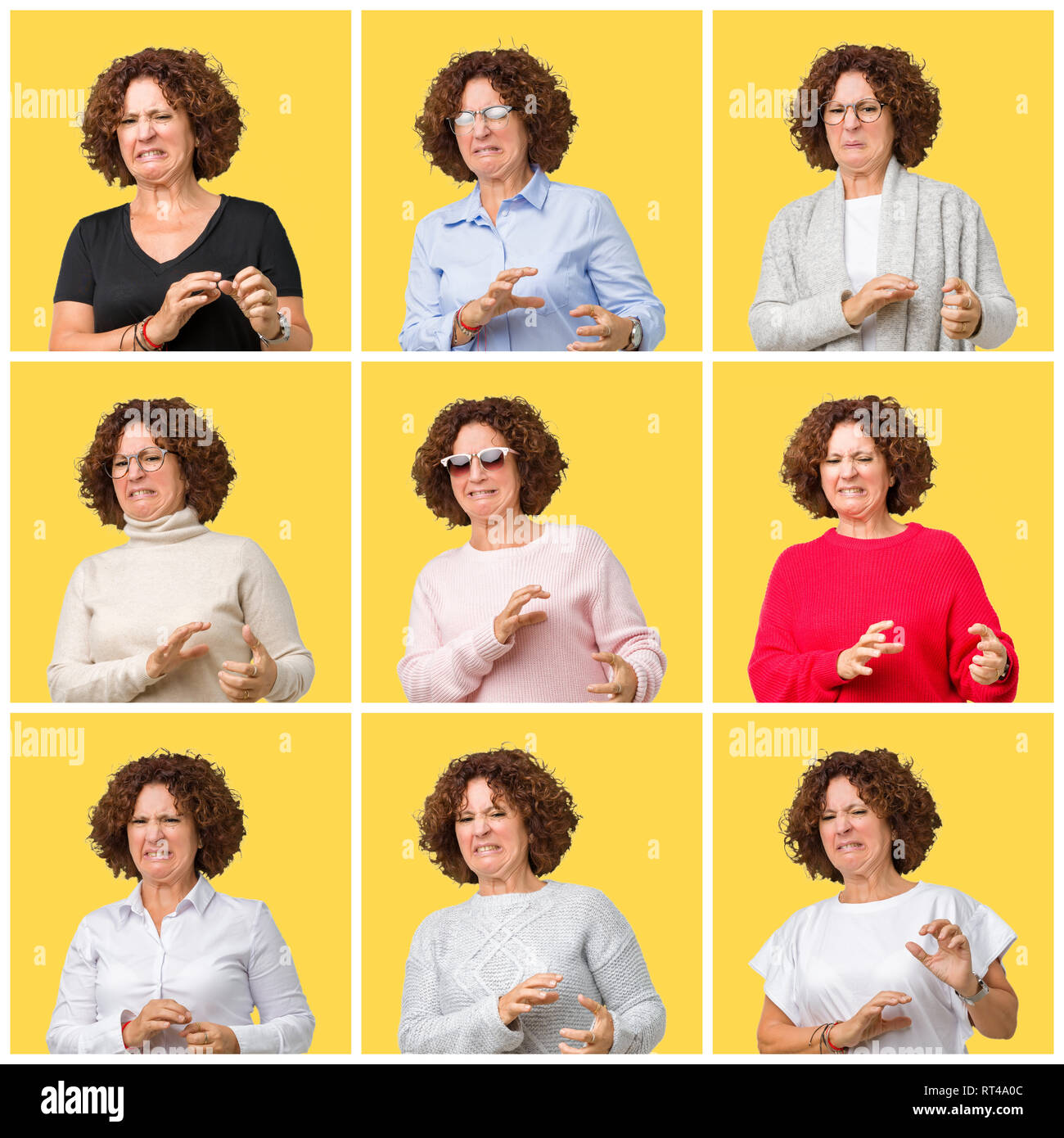 Collage of middle age senior woman over yellow isolated background ...