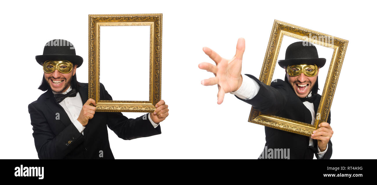 Funny man with picture frame on white Stock Photo - Alamy