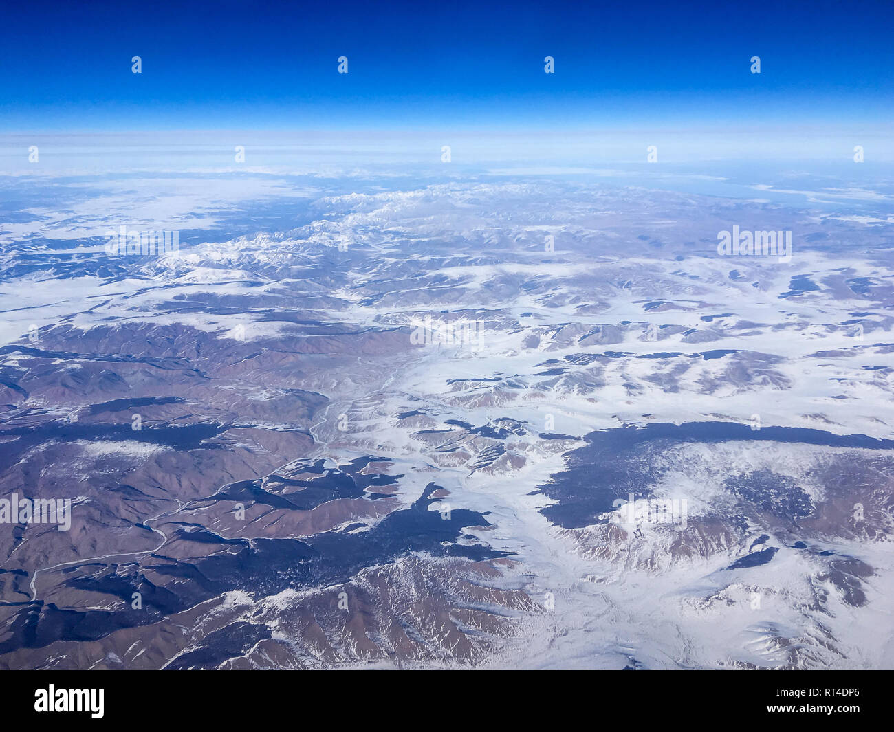 An aerial view of a part of Mongolia from the airplane flying high ...