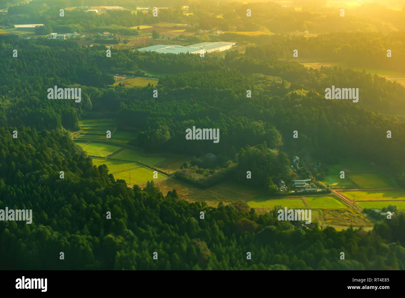 beautiful sunrise aerial scene of traditional rural landscape with ...
