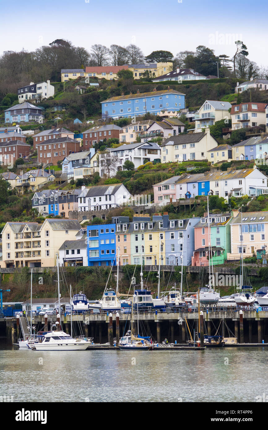 The vibrant houses along the quay in the seaside town of Dartmouth in ...