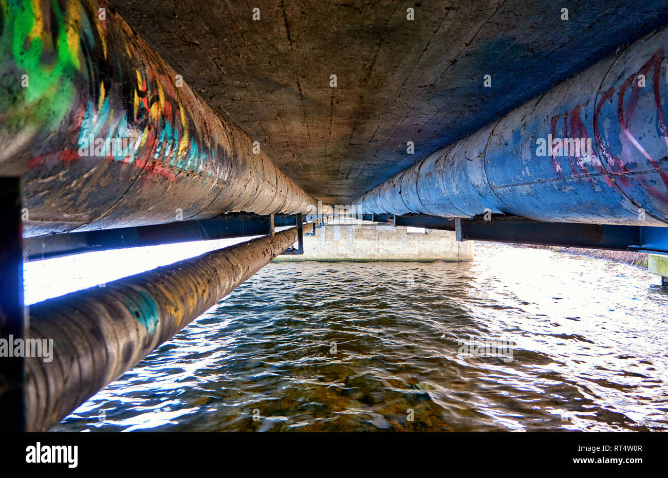 Under a bridge with pipes over the water in Schwerin Stock Photo - Alamy