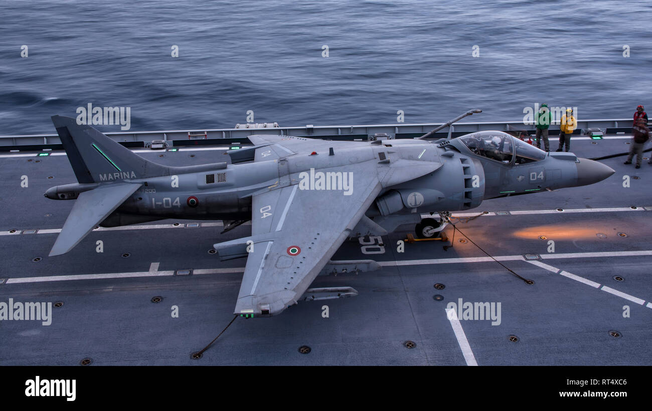 An AV-8B+ Harrier II jet aboard the Italian Navy Cavour aircraft carrier Stock Photo - Alamy