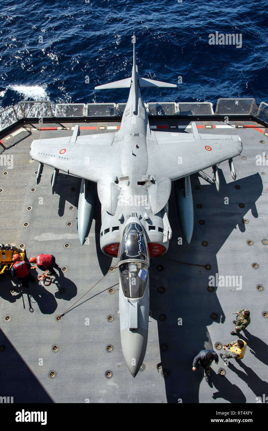 An AV-8B+ Harrier II jet aboard the Italian Navy Cavour aircraft carrier Stock Photo - Alamy