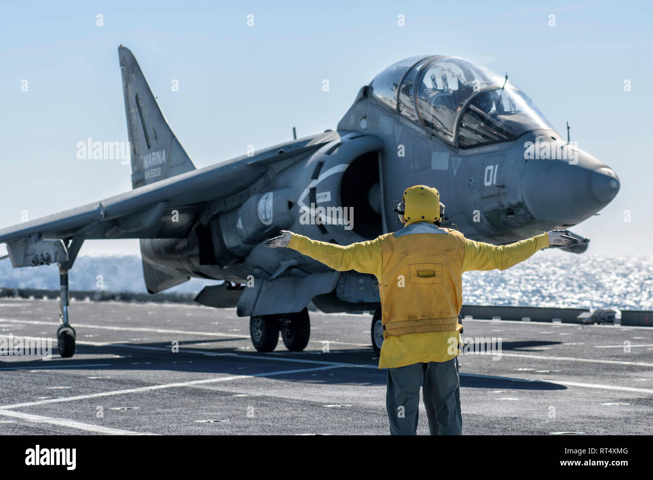 An AV-8B+ Harrier II jet aboard the Italian Navy Cavour aircraft carrier Stock Photo - Alamy