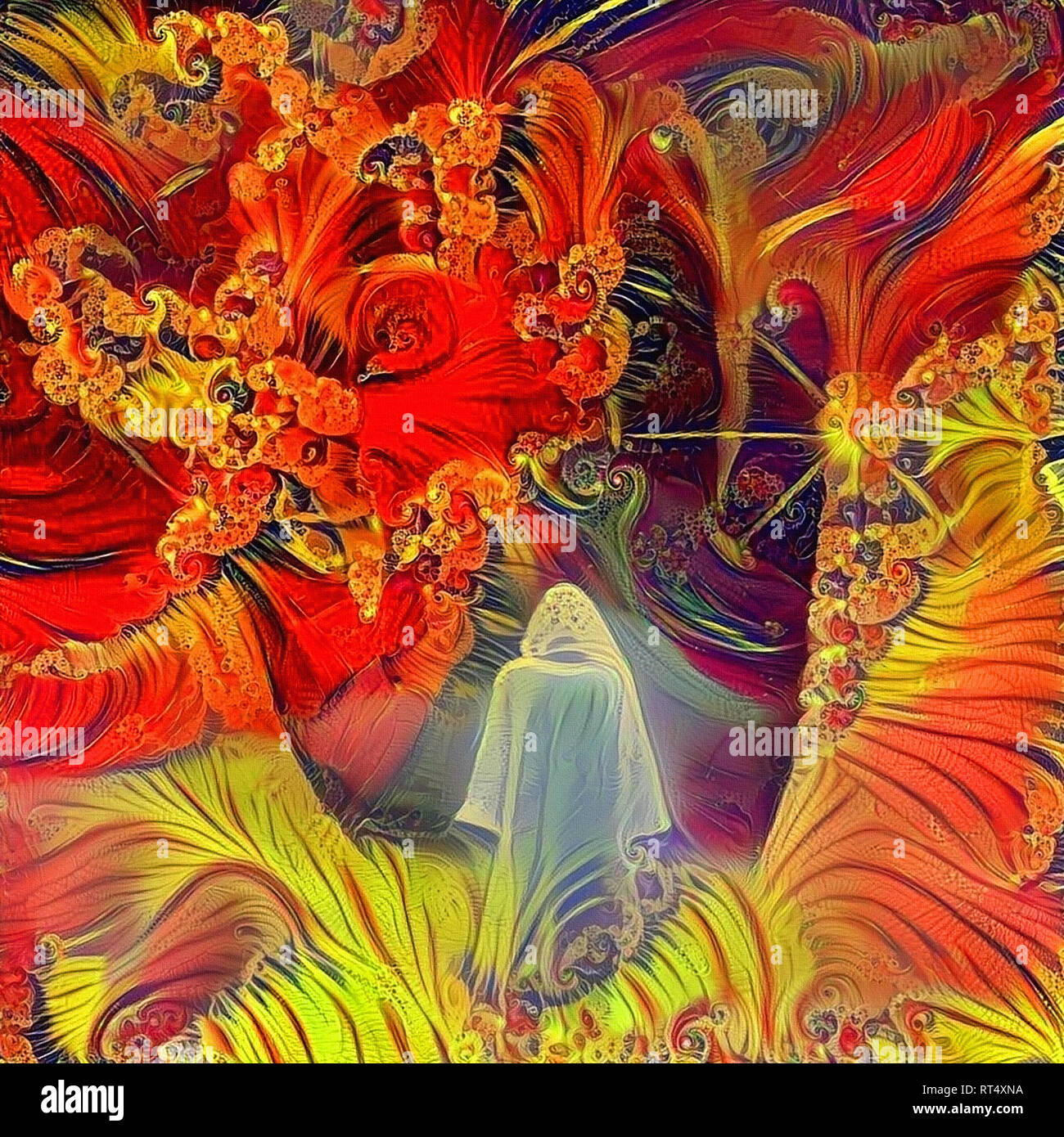 Vivid spiritual painting. Monk in white clothes Stock Photo - Alamy