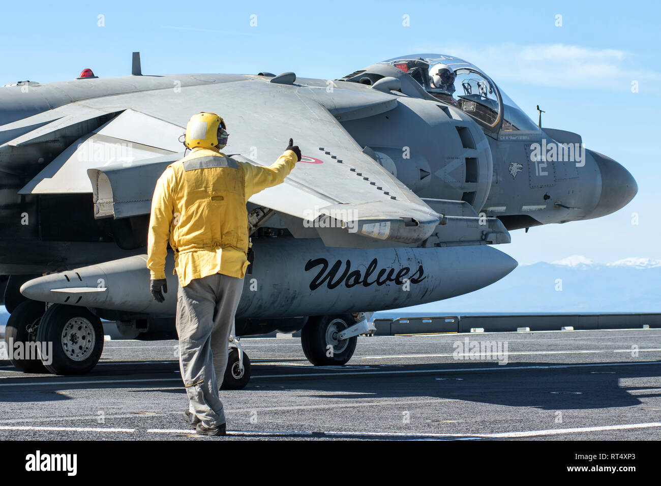 An AV-8B+ Harrier II jet aboard the Italian Navy Cavour aircraft carrier Stock Photo - Alamy