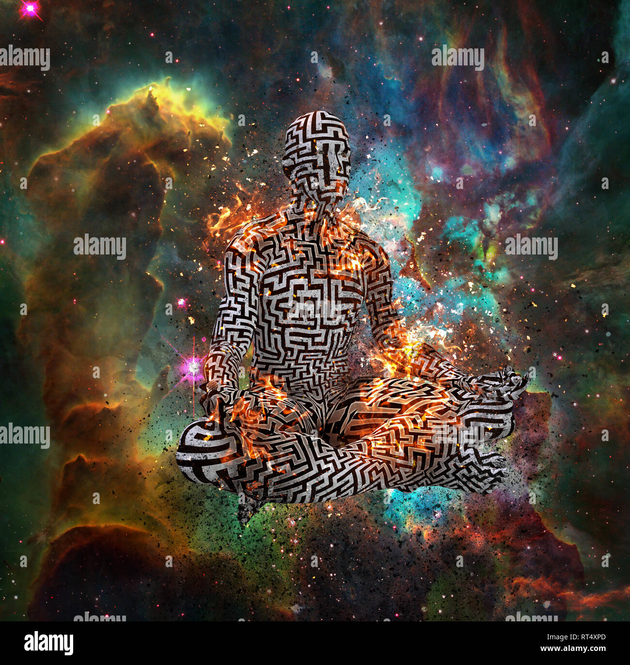 Surrealism. Figure of man with maze pattern in lotus pose in flames. 3D ...