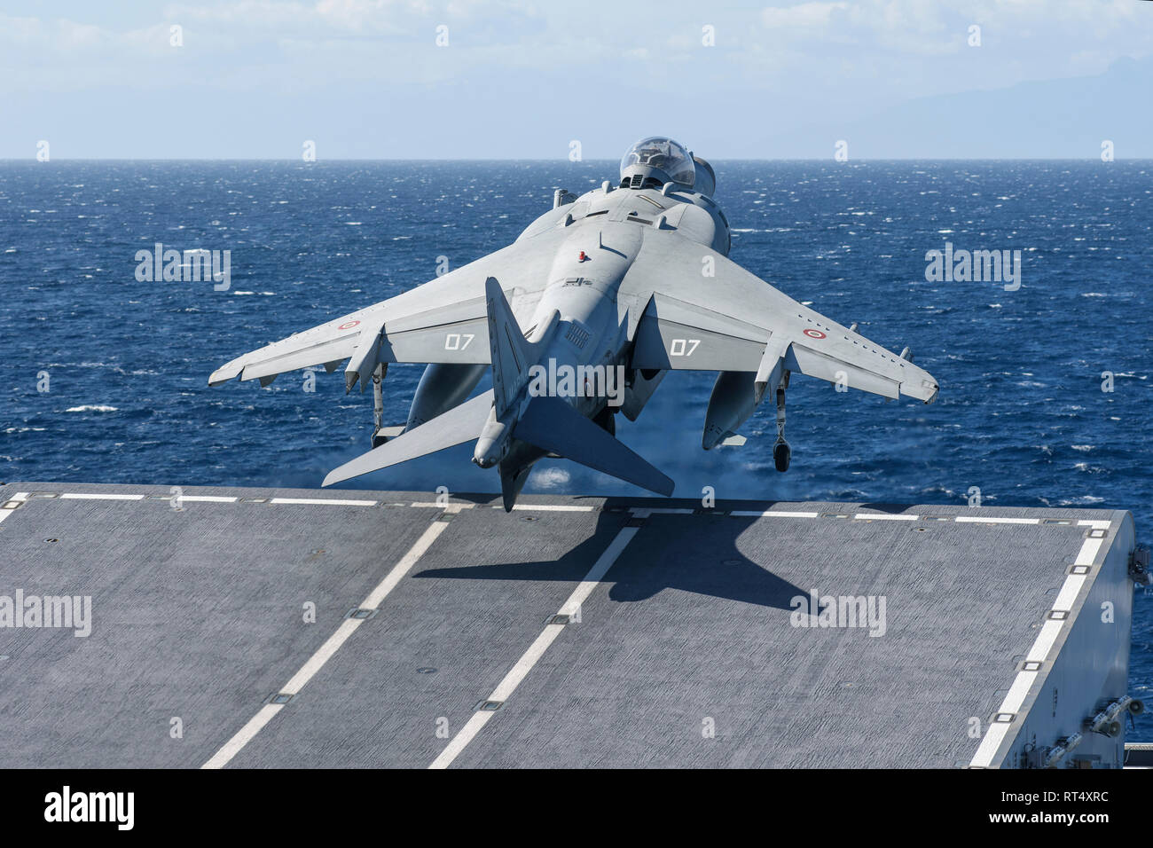 An AV-8B+ Harrier II jet aboard the Italian Navy Cavour aircraft carrier Stock Photo - Alamy