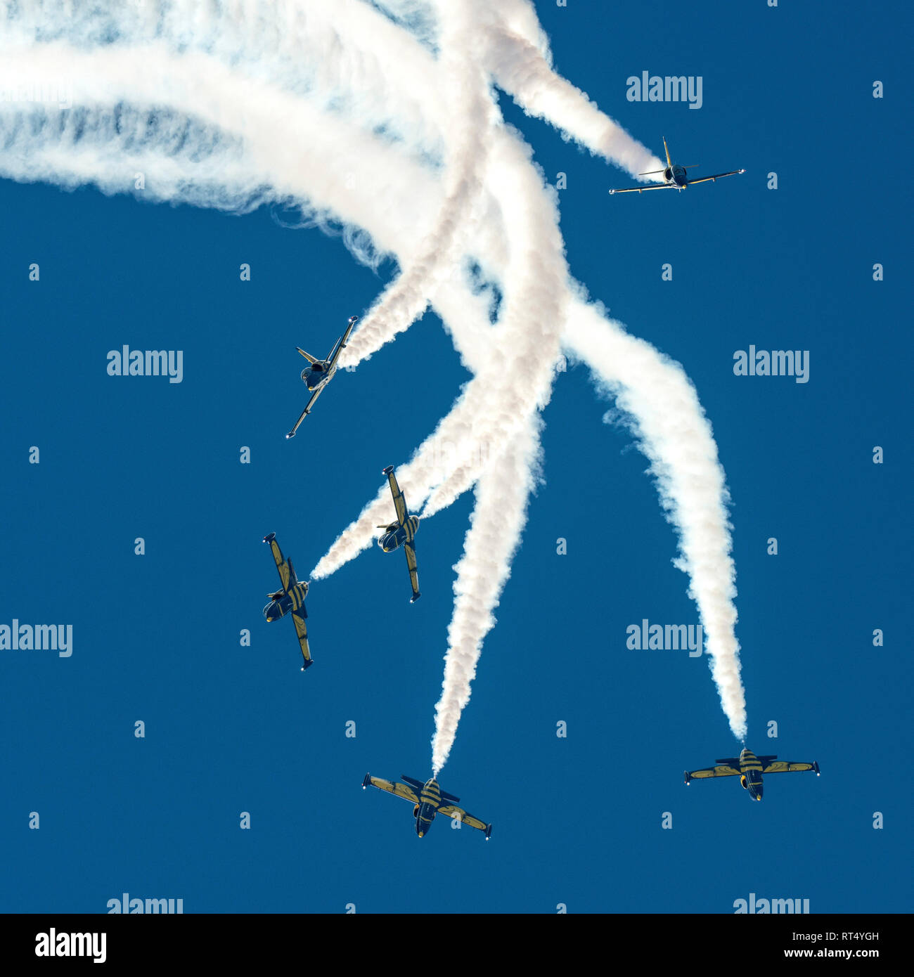 Six L-39C's of the Baltic Bees aerobatic team performing at an airshow ...