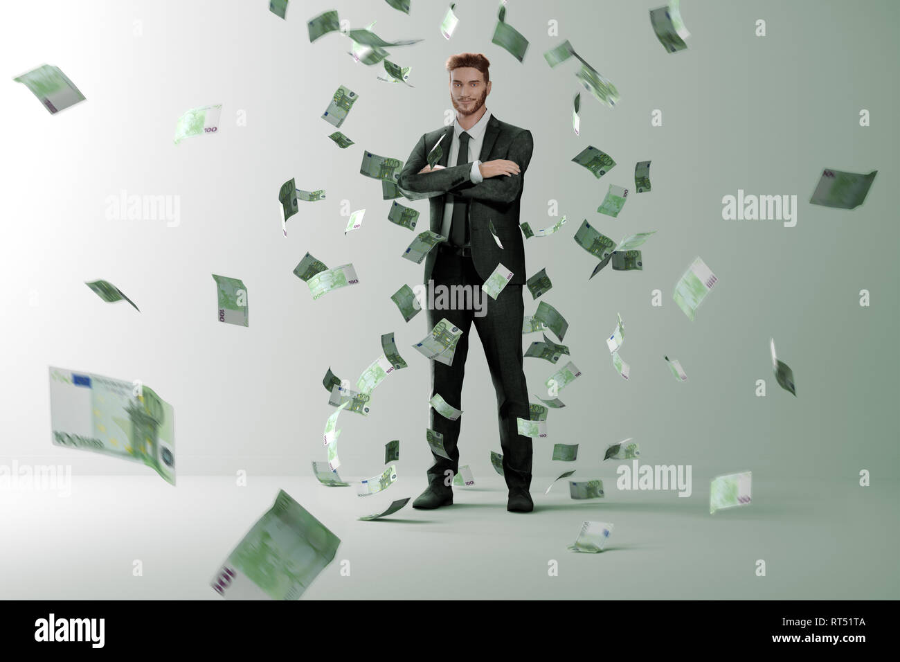 Money rain on successful man. Successful man in suit is surrounded by ...